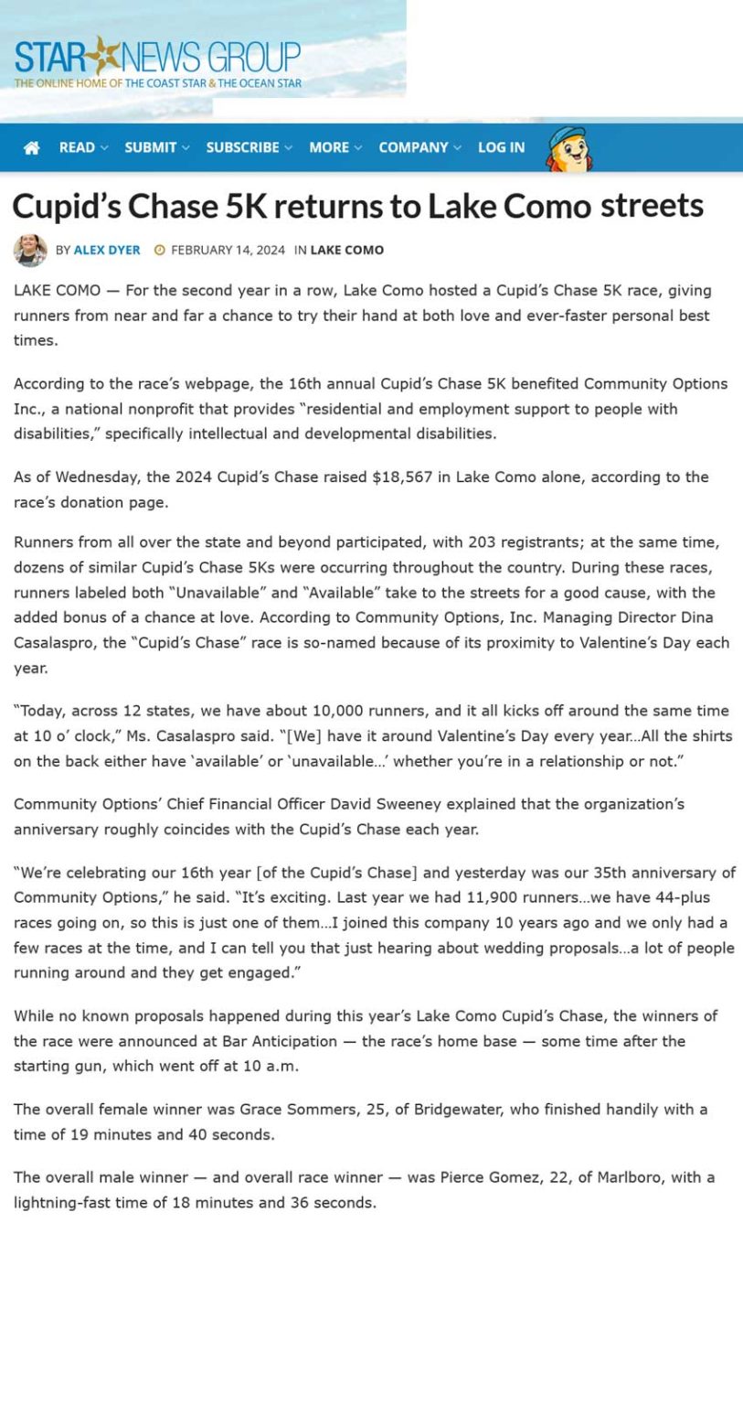 Cupid’s Chase 5K returns to Lake Como streets | Community Options, Inc.